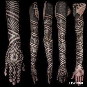 Lewisink's tattoos are clean, rhythmic repetition that borders on absurdity