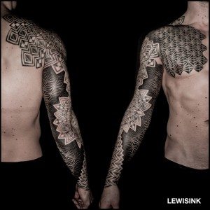 Lewisink's tattoos are clean, rhythmic repetition that borders on absurdity
