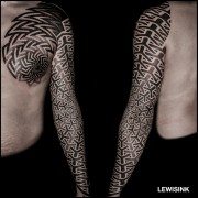 Lewisink's tattoos are clean, rhythmic repetition that borders on absurdity